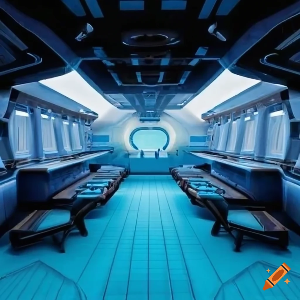 Highly detailed space colony interior with chairs and tables on Craiyon