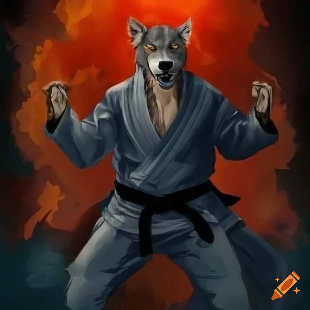 Wolf in a jiu jitsu gi in a digital art style on Craiyon