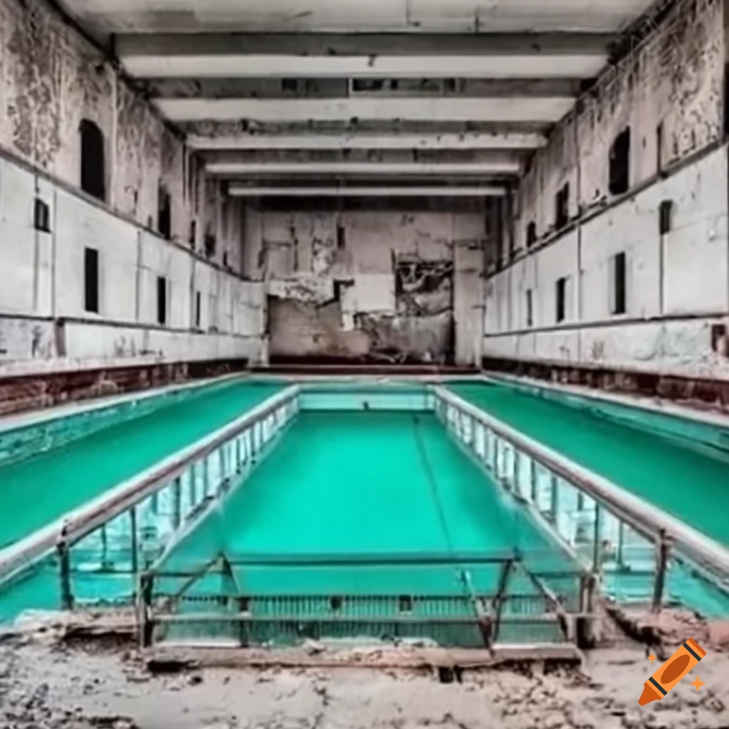 Interior of abandoned public swimming pool with multiple levels and ...