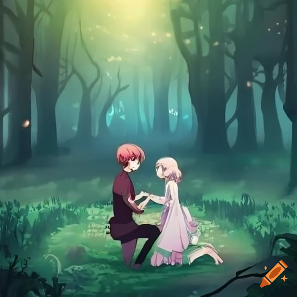 Romantic anime-style forest proposal with a dainty ring on Craiyon