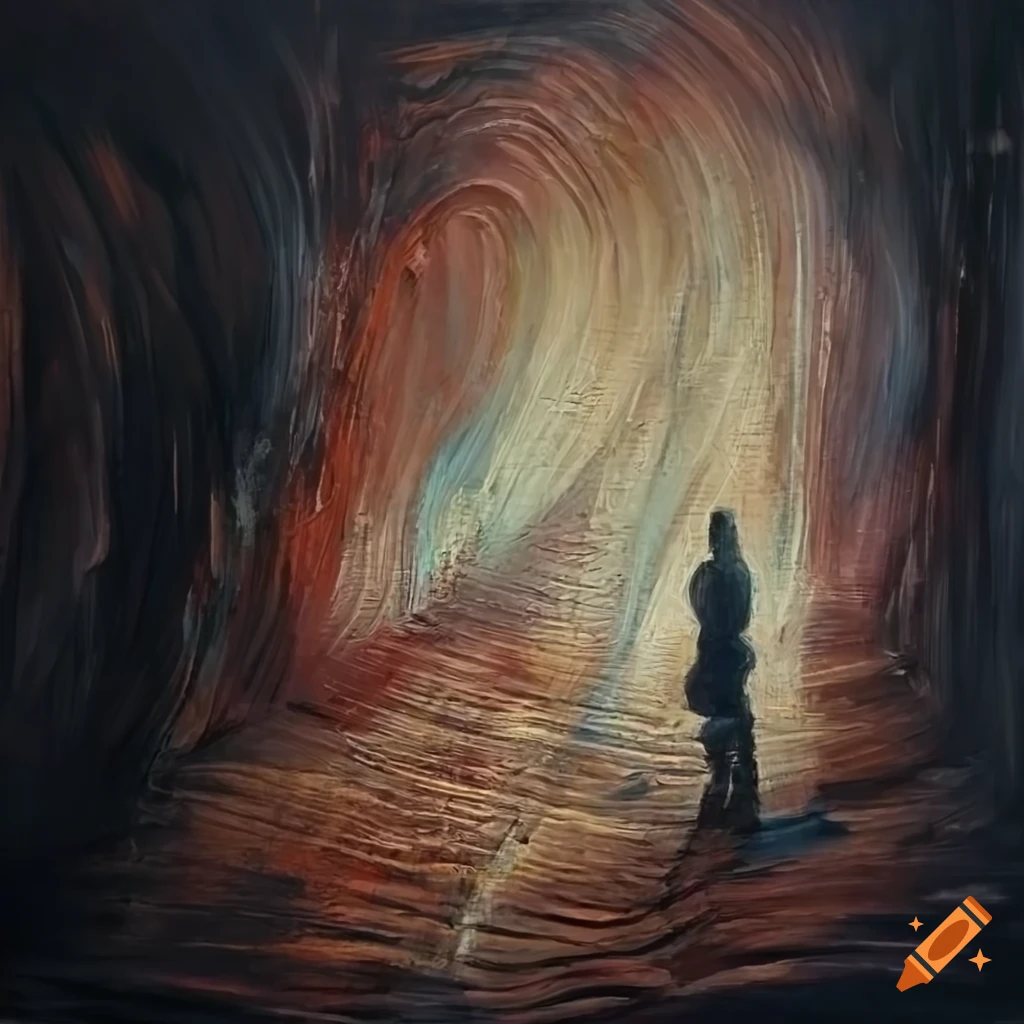 Oil painting of an unnerving liminal space on scratched wood canvas on Craiyon