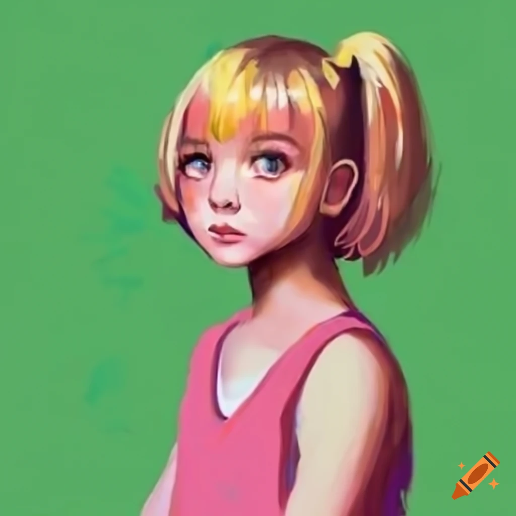 Anime Girl With Blonde Hair And Green Eyes Wearing A Pink Sleeveless T