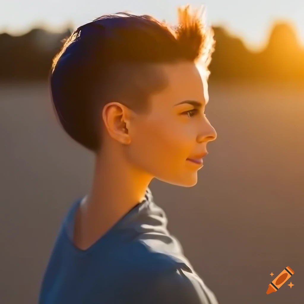 Portrait photo of beautiful brunette woman with spiky Mohawk haircut in ...