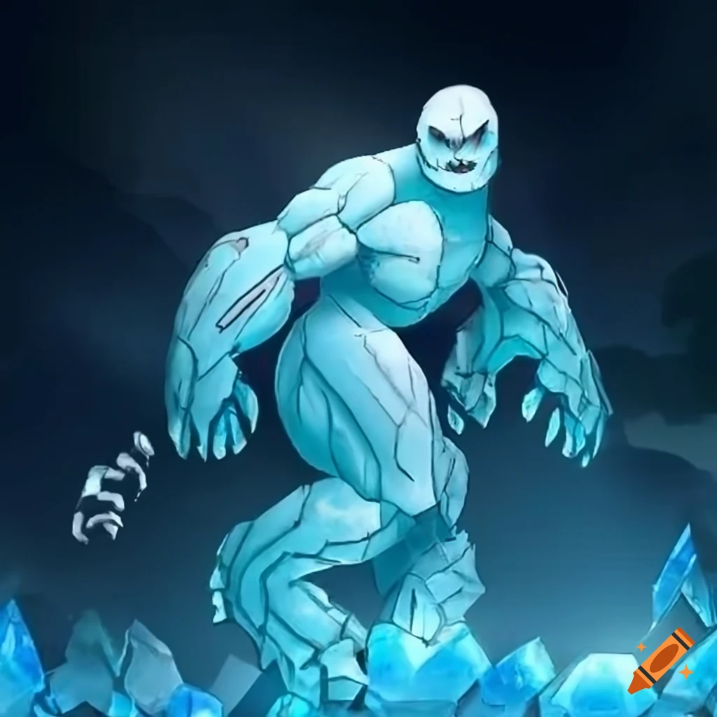 Ice golem made of translucent blue-tinted ice with icy protrusions on ...