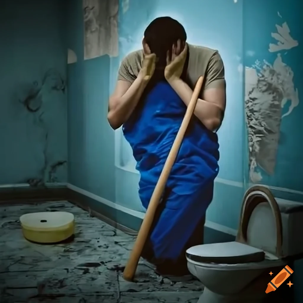 Upset male janitor next to a dirty toilet in an old bathroom on Craiyon