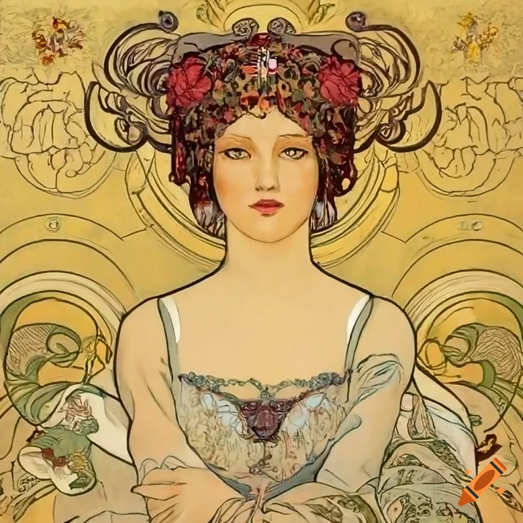Portrait with surreal details and floral hair in the style of Klimt and ...