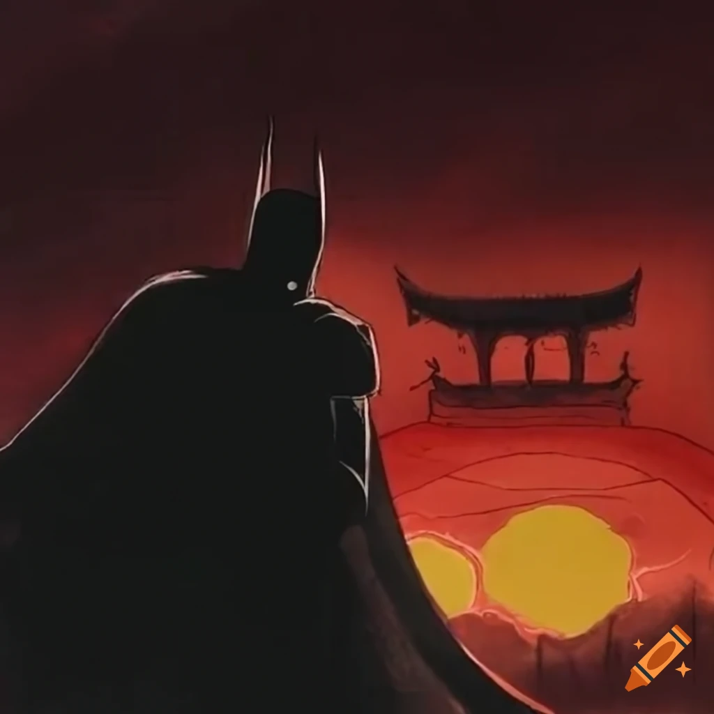 Batman at sunset with bats and a temple in ukiyo-e style on Craiyon