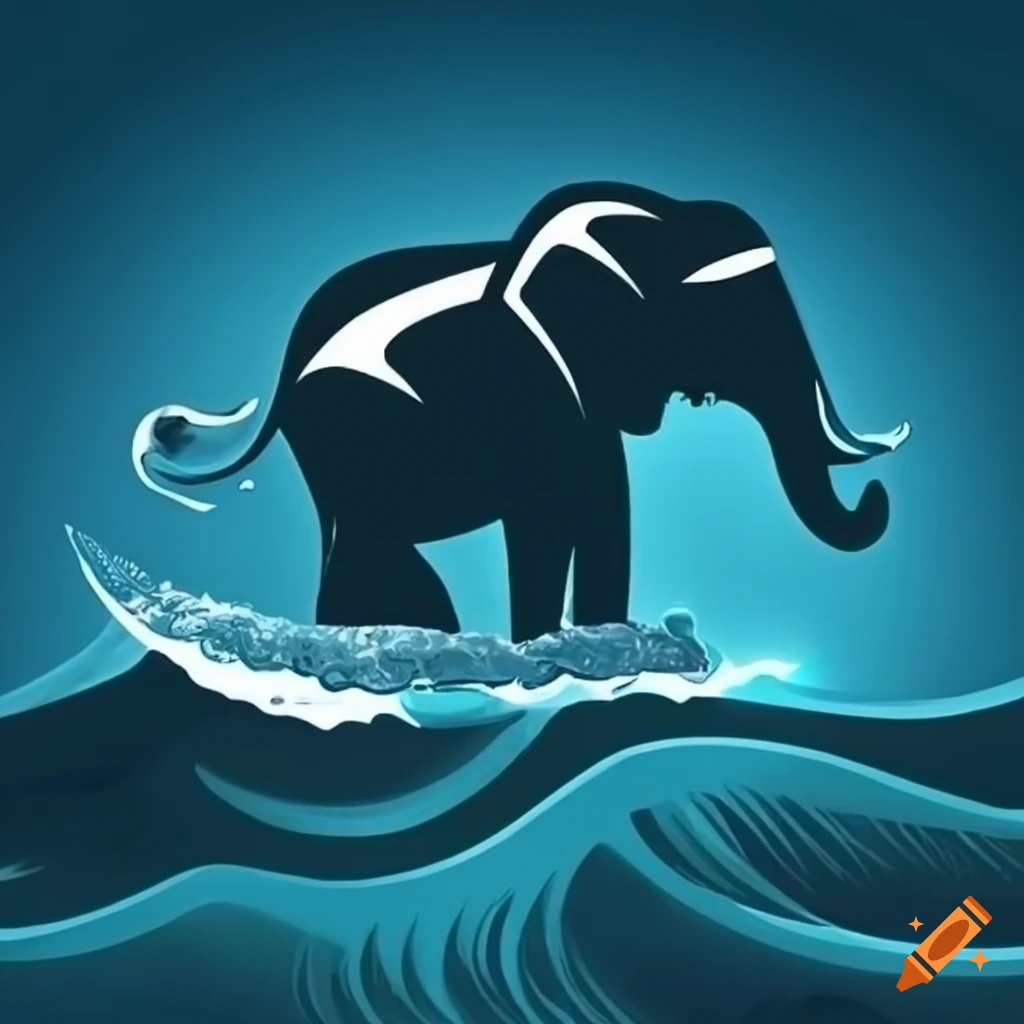 Elephant surfing a wave with 'high tide detail' in sleek words on Craiyon
