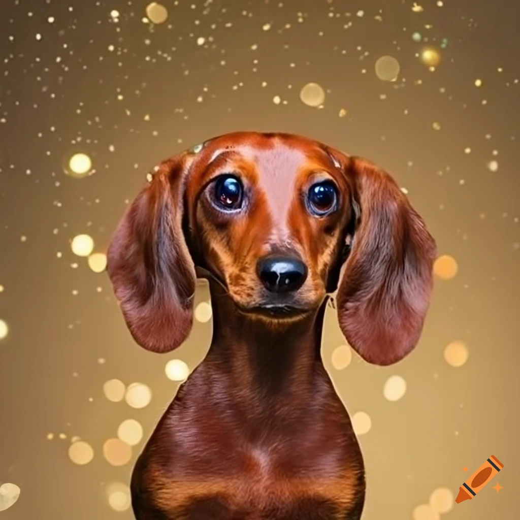 Red miniature dachshund on a sparkly gold backdrop on Craiyon