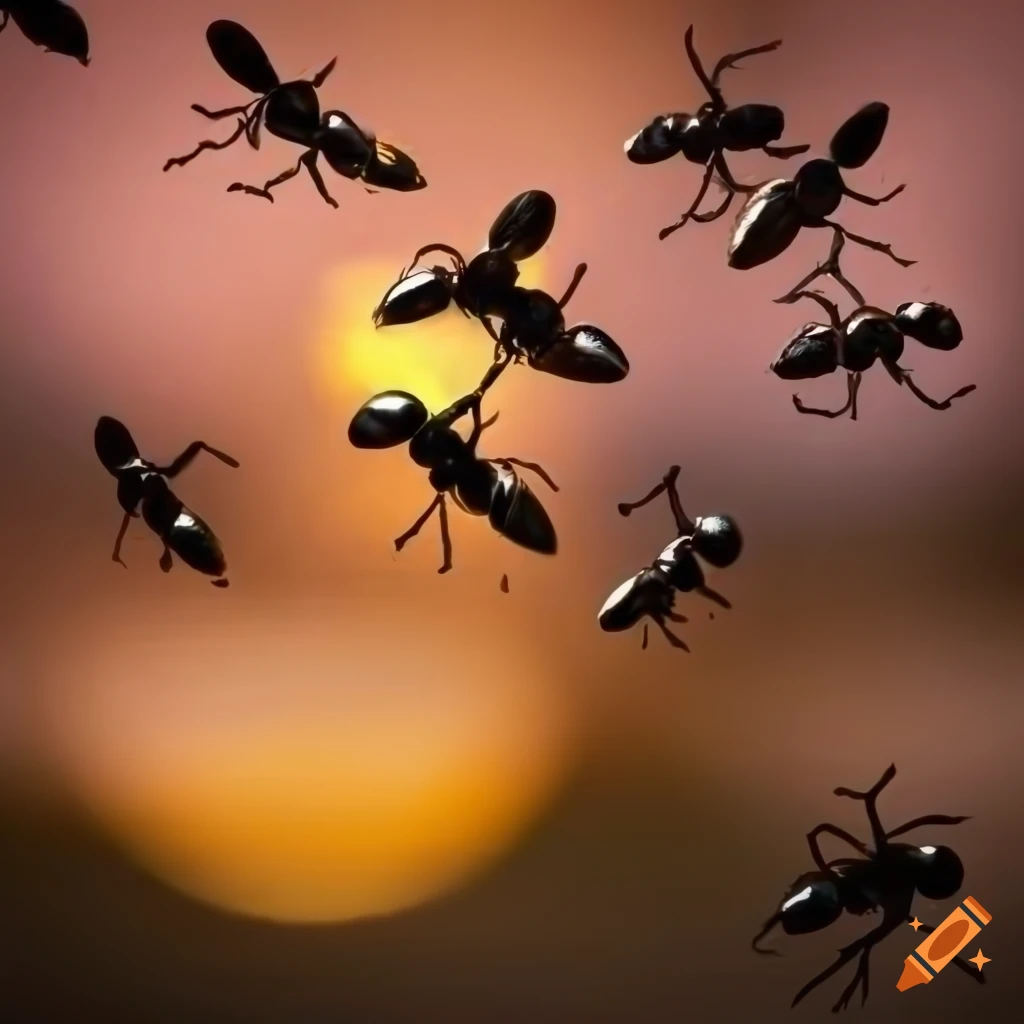 Flock of flying ants over a river at sunset with realistic textures on ...