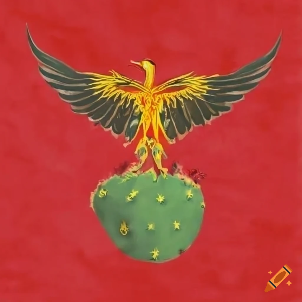 Old torn red flag with phoenix logo and golden eagle on a prickly pear ...