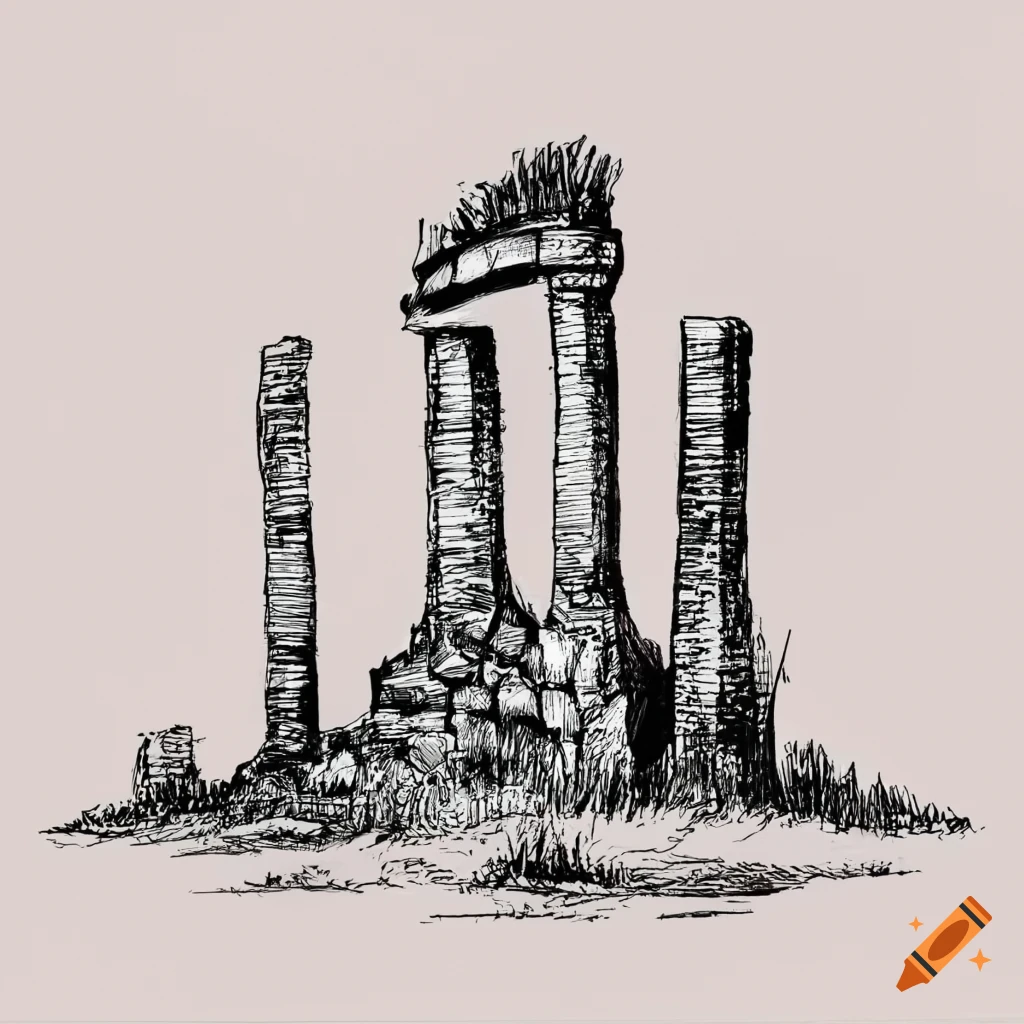 Hand-drawn sketch of medieval bricks and ruins in black and white on ...