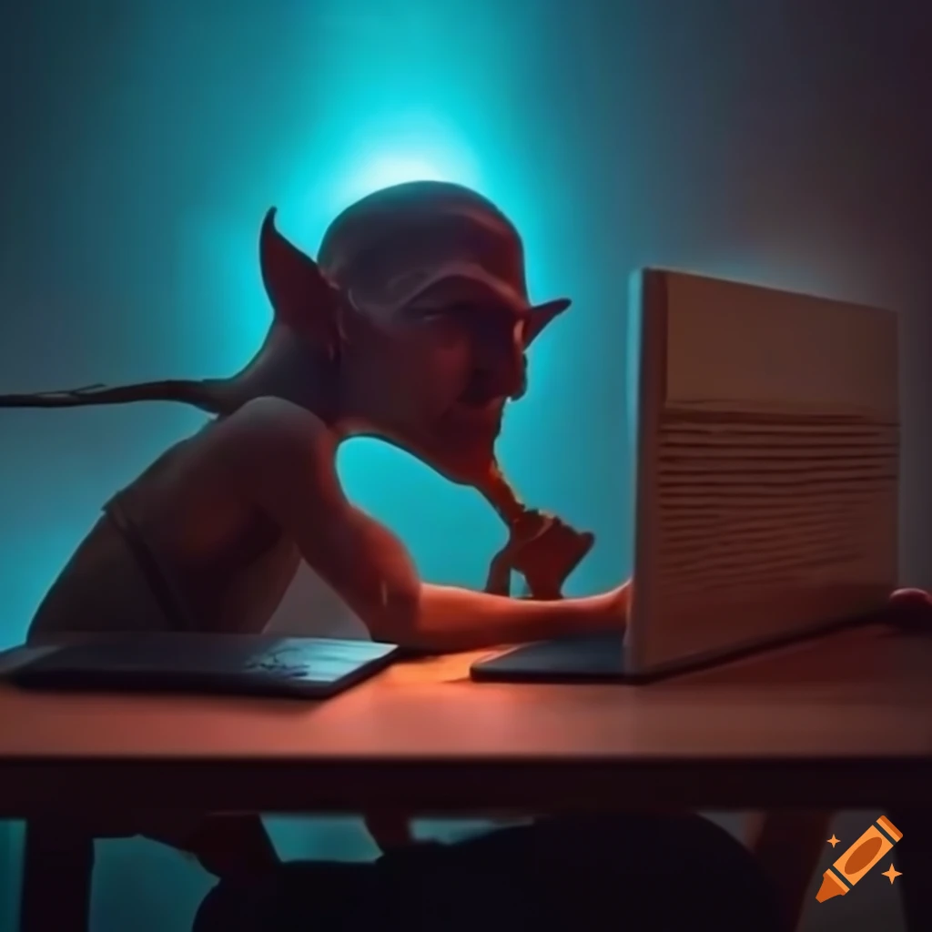 Exhausted goblin working late at night in a dimly-lit workshop on Craiyon