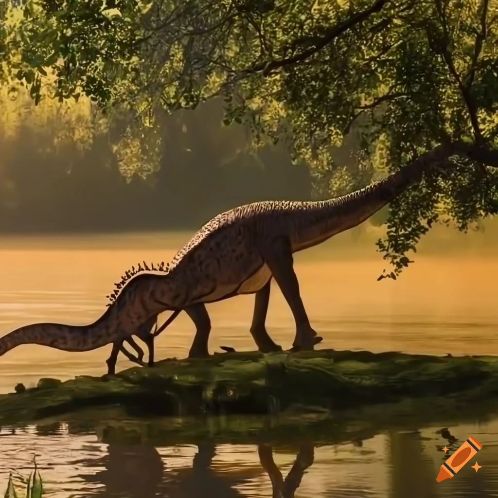 Hadrosaurus dinosaur drinking in a pond in a sunny clearing on Craiyon