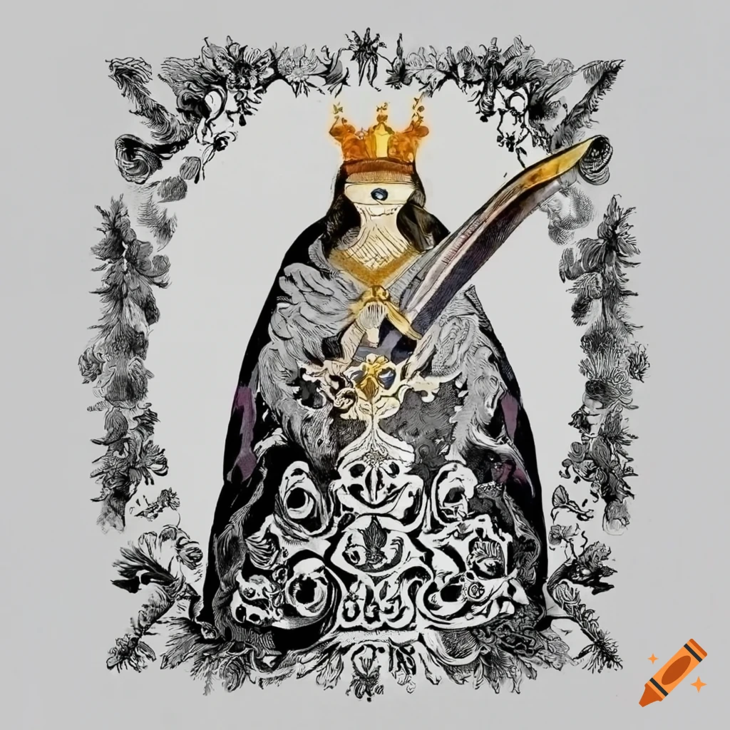 Queen bear with crown and ornamental sword in nature landscape on Craiyon