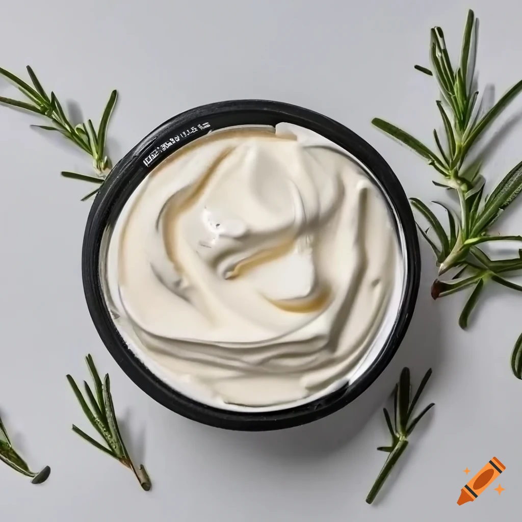 Paste cream with rosemary leaves on a white table in 4k ultra HD on Craiyon