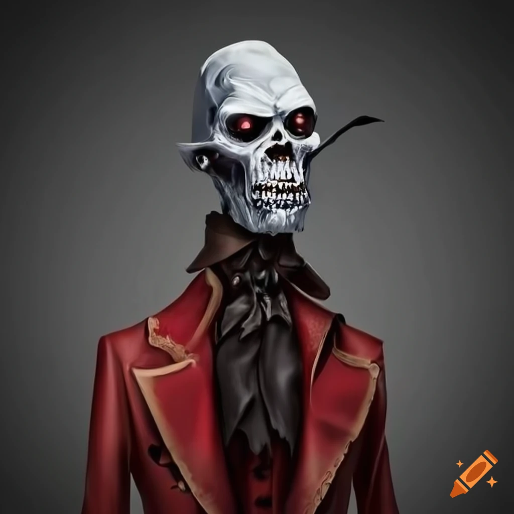 Elegantly dressed undead figure in high collar coat and top hat on Craiyon