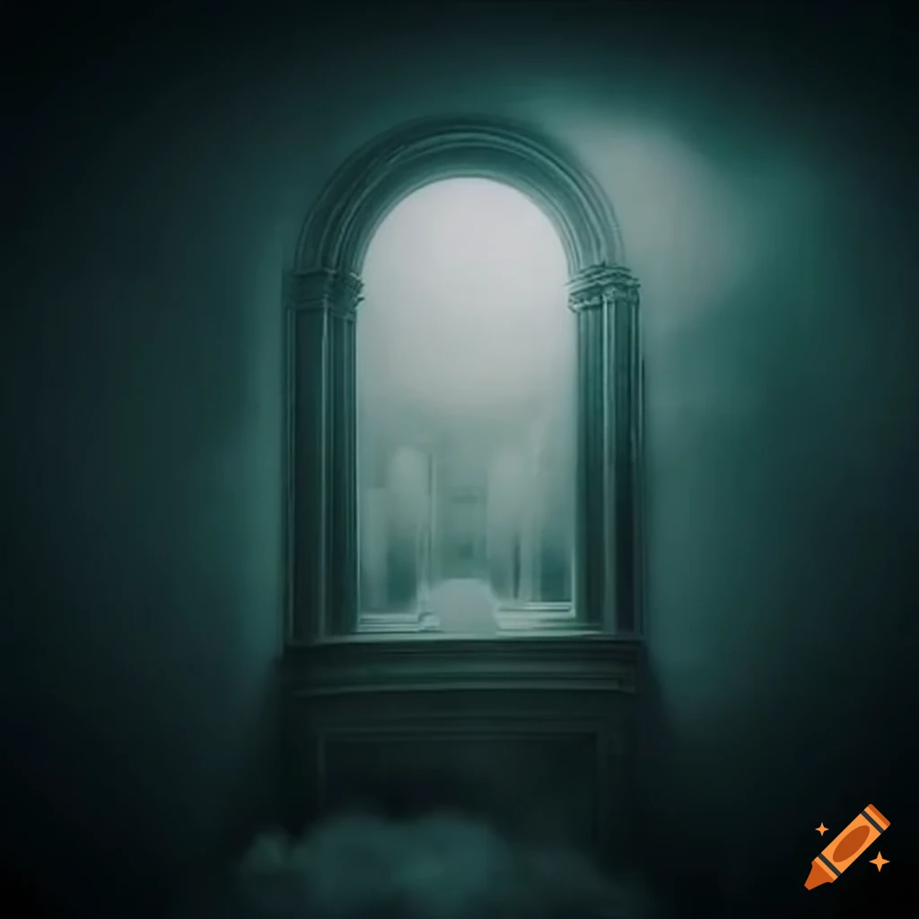 Eerie mansion surrounded by mist with an ominous mirror on the wall on ...