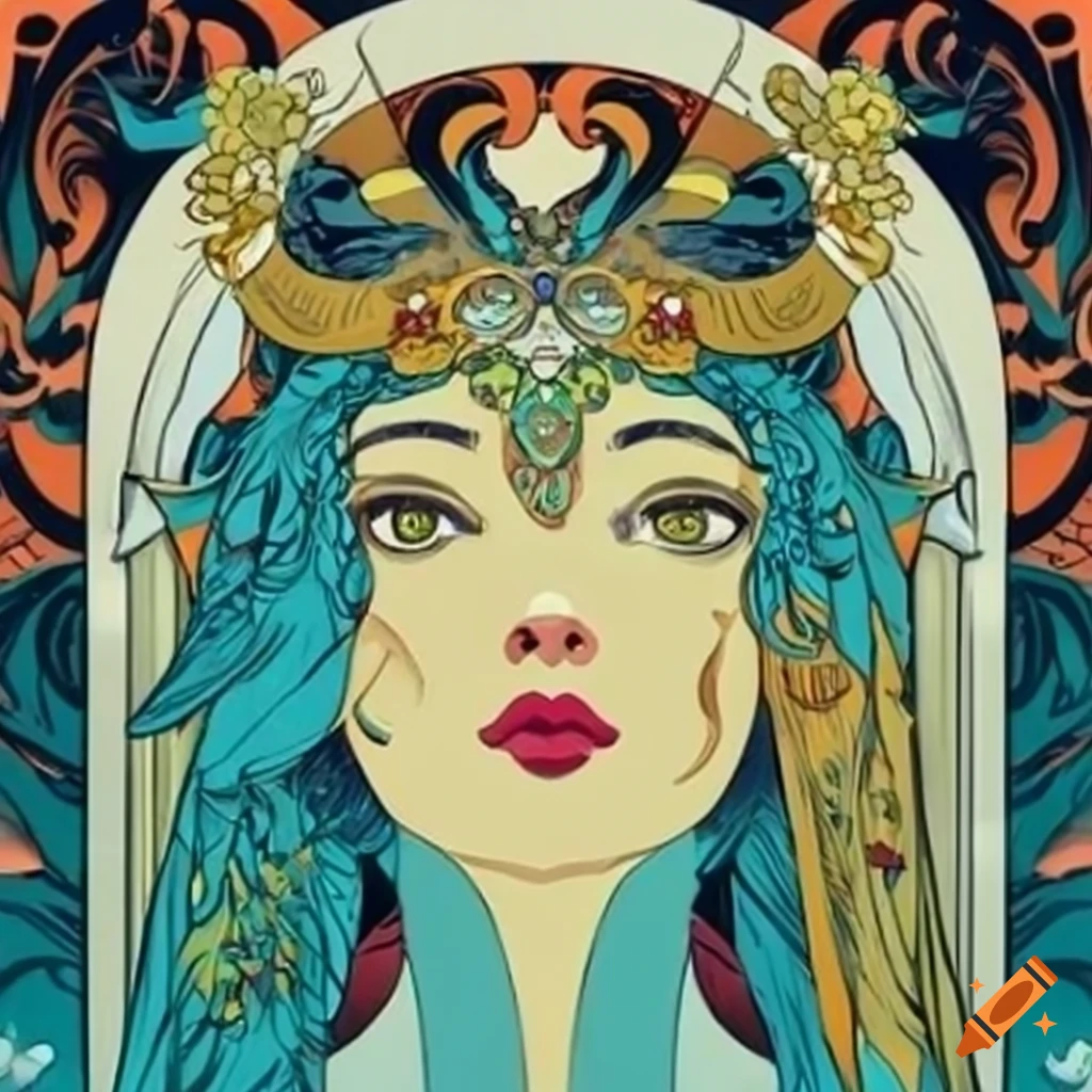 Portrait with surreal details and floral hair in the style of Klimt and ...