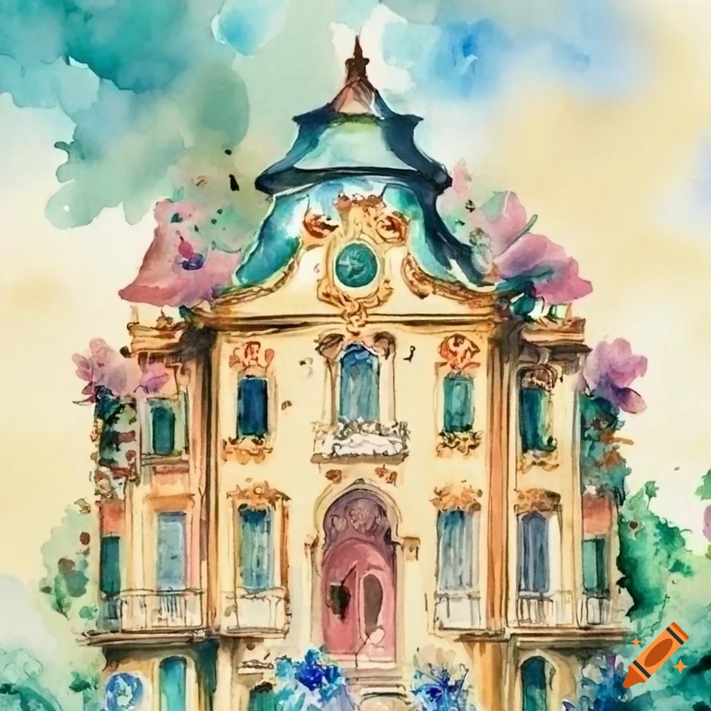 Flower mansion in rococo style depicted in watercolor on Craiyon