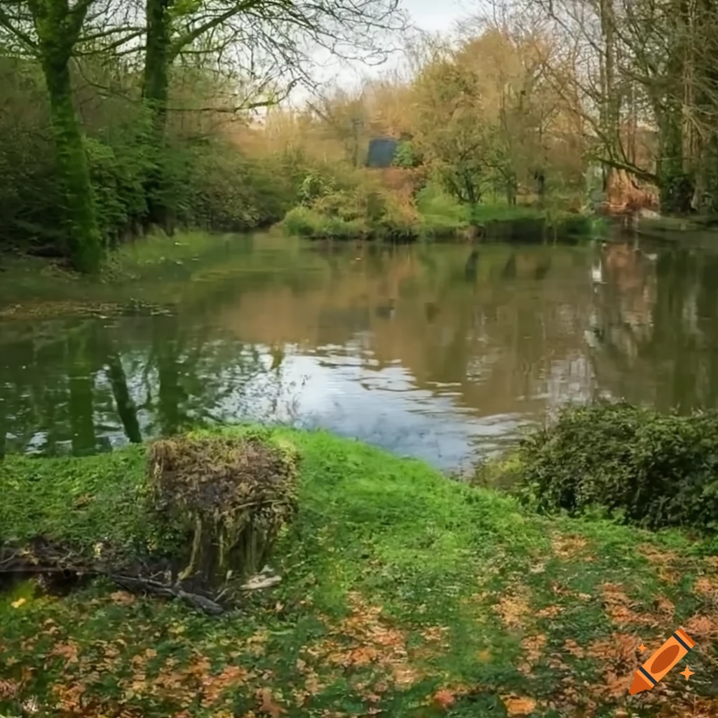 Small pond surrounded by trees and bushes in Victoria Park Leicester on ...