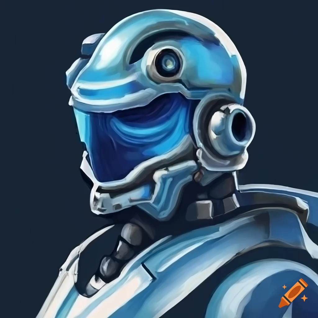 Sci-fi power armor in blue and white colors on Craiyon