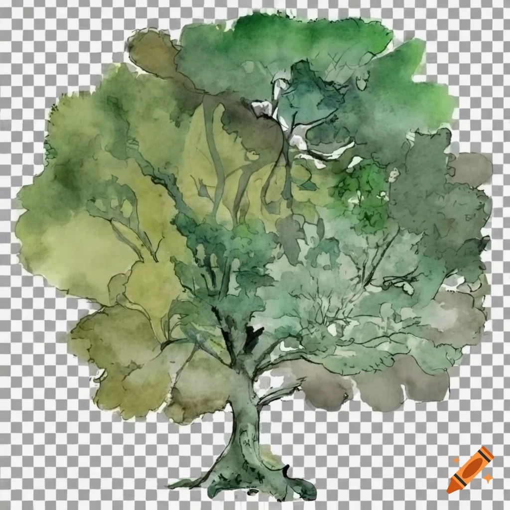 Botanical watercolor drawings of medieval-style trees on transparent ...