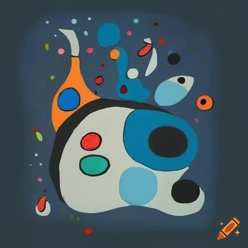 Surrealist scene with red, yellow, white, and blue creatures and plants ...