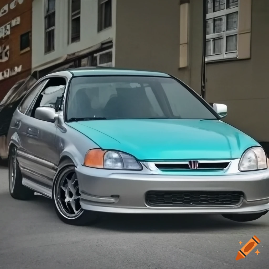 Silver honda civic ek hatchback with a turquoise hood on Craiyon