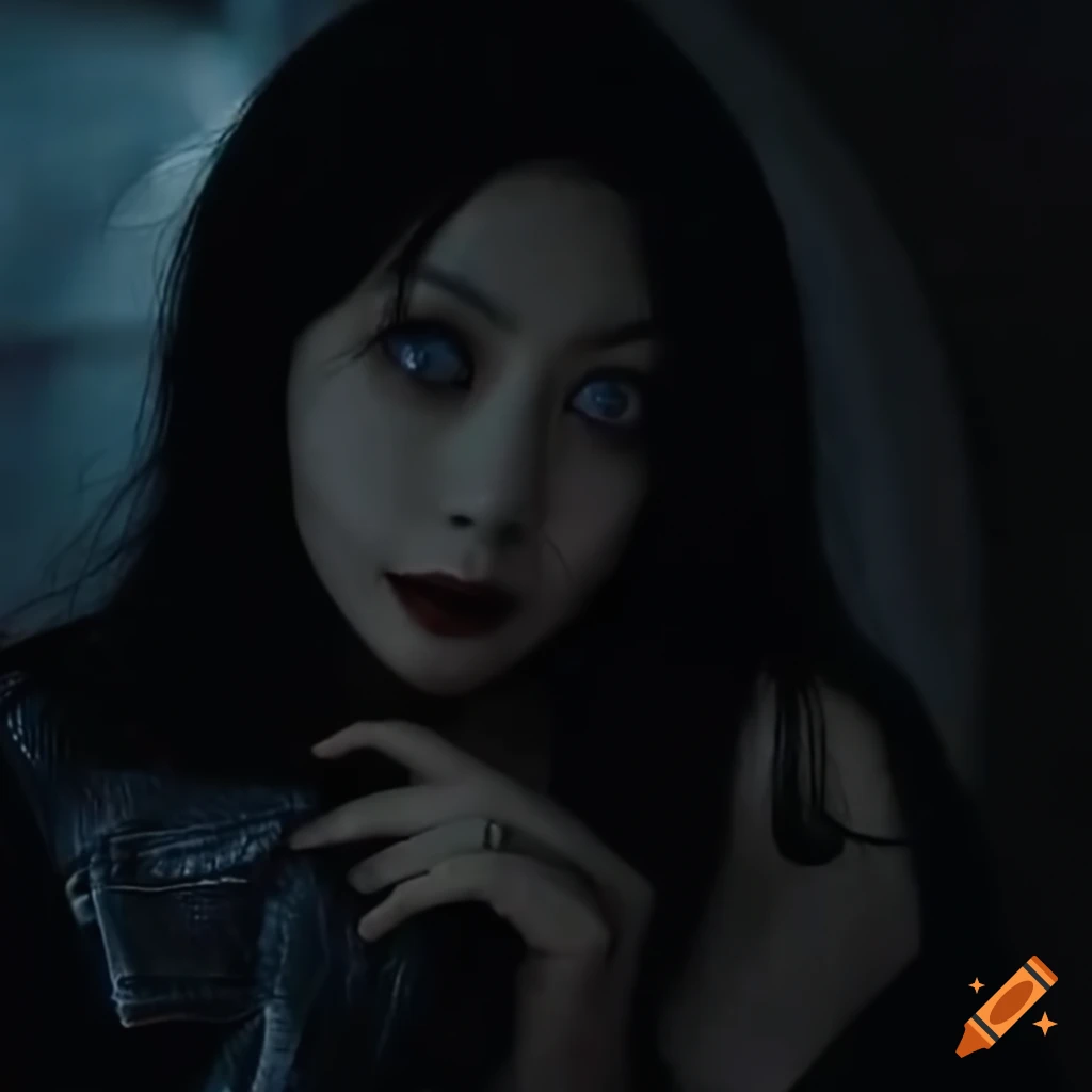 Japanese vampire woman Ava with black hair and blue eyes on a space ...