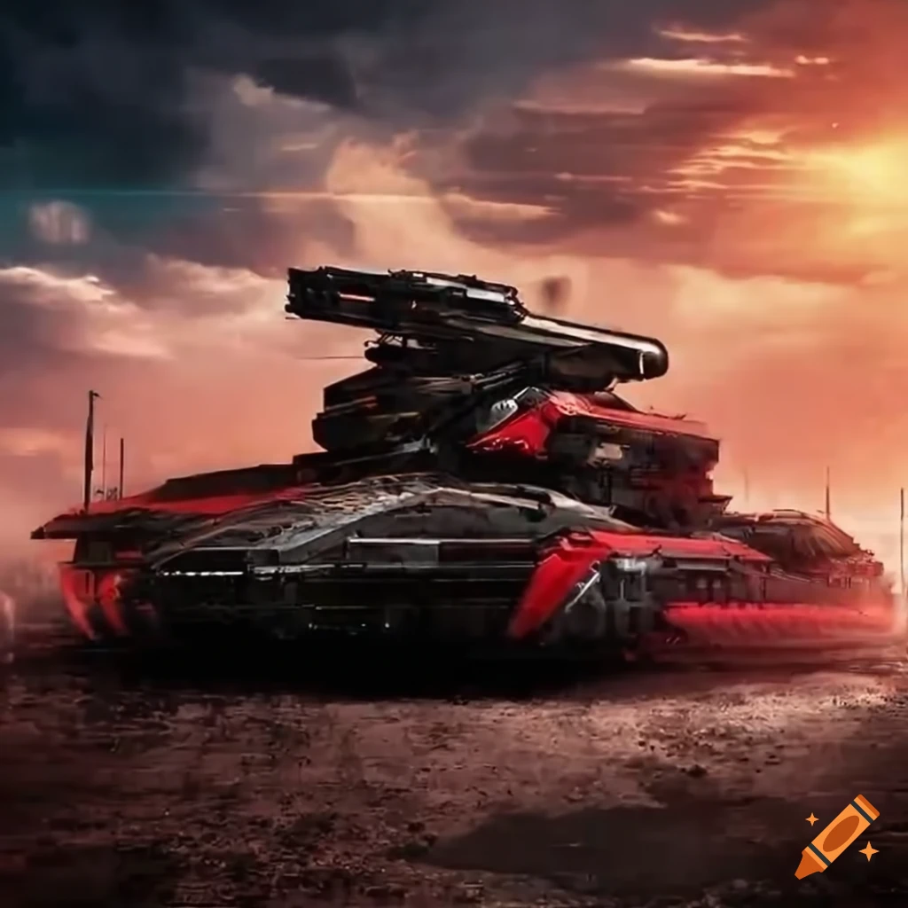 Futuristic battle scene with red and black armored hover tank in a ...