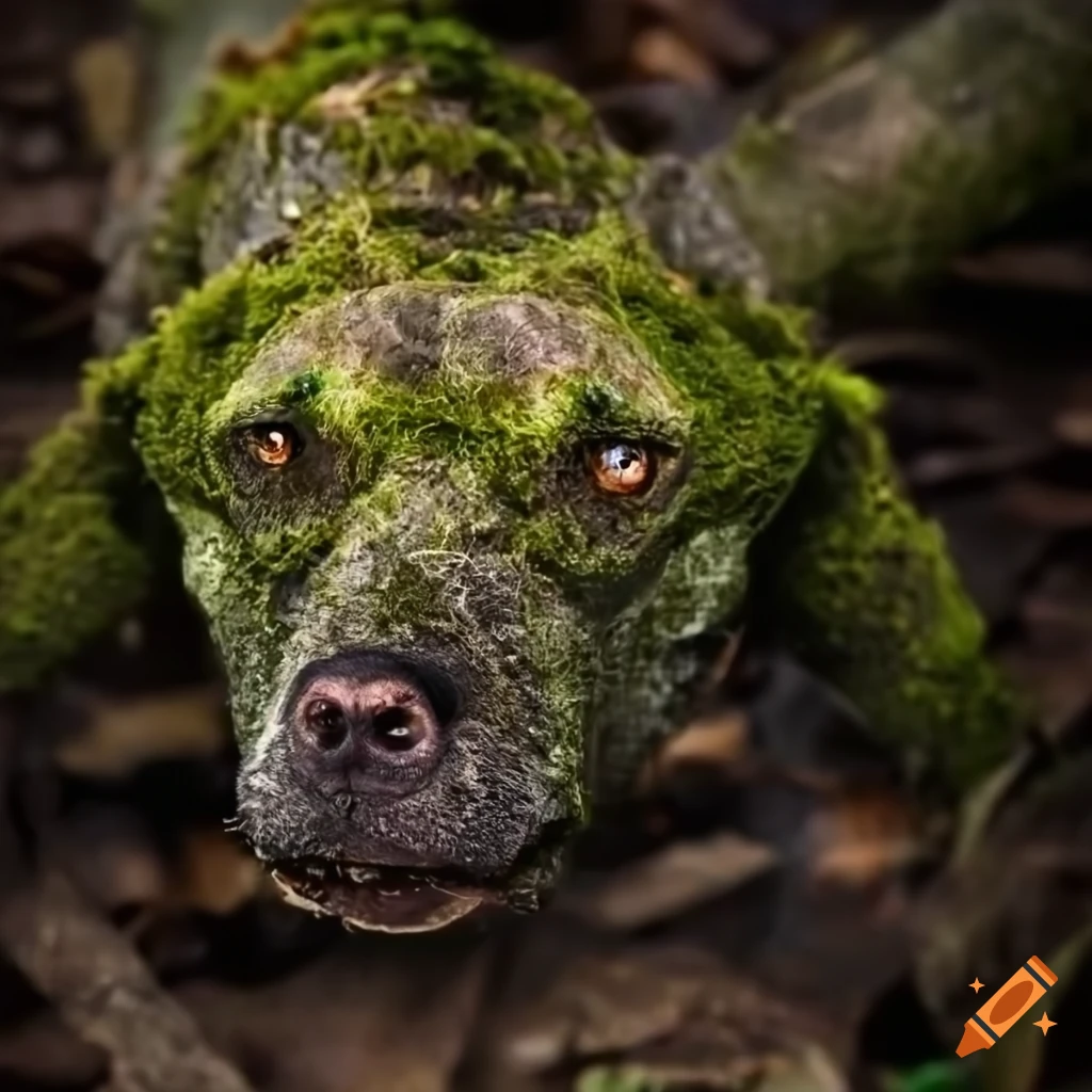 Detailed illustration of a decaying swamp dog covered in moss in a ...