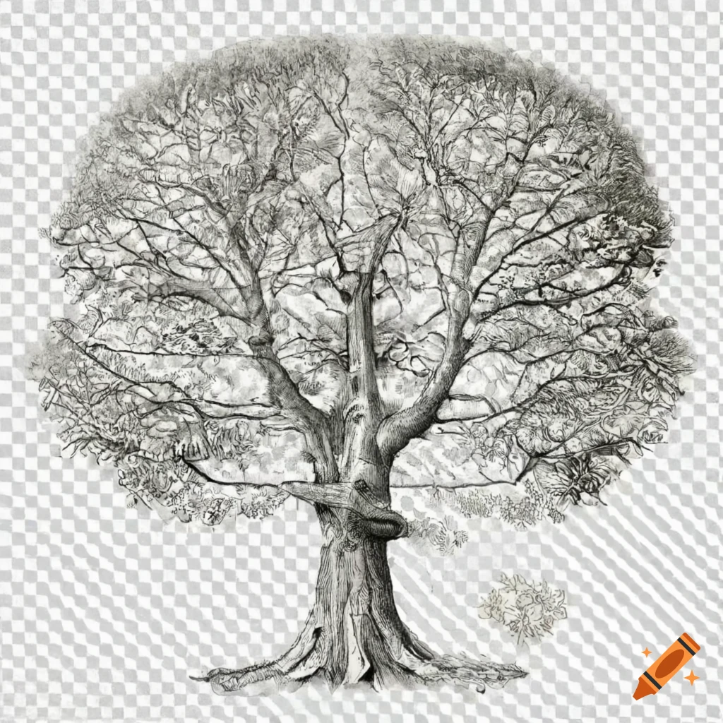 Botanical drawings of trees in medieval style on transparent background ...