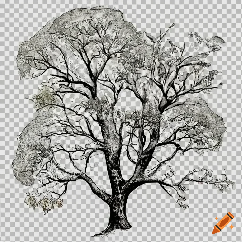 Ancient botanical ink drawings of trees in medieval style on ...