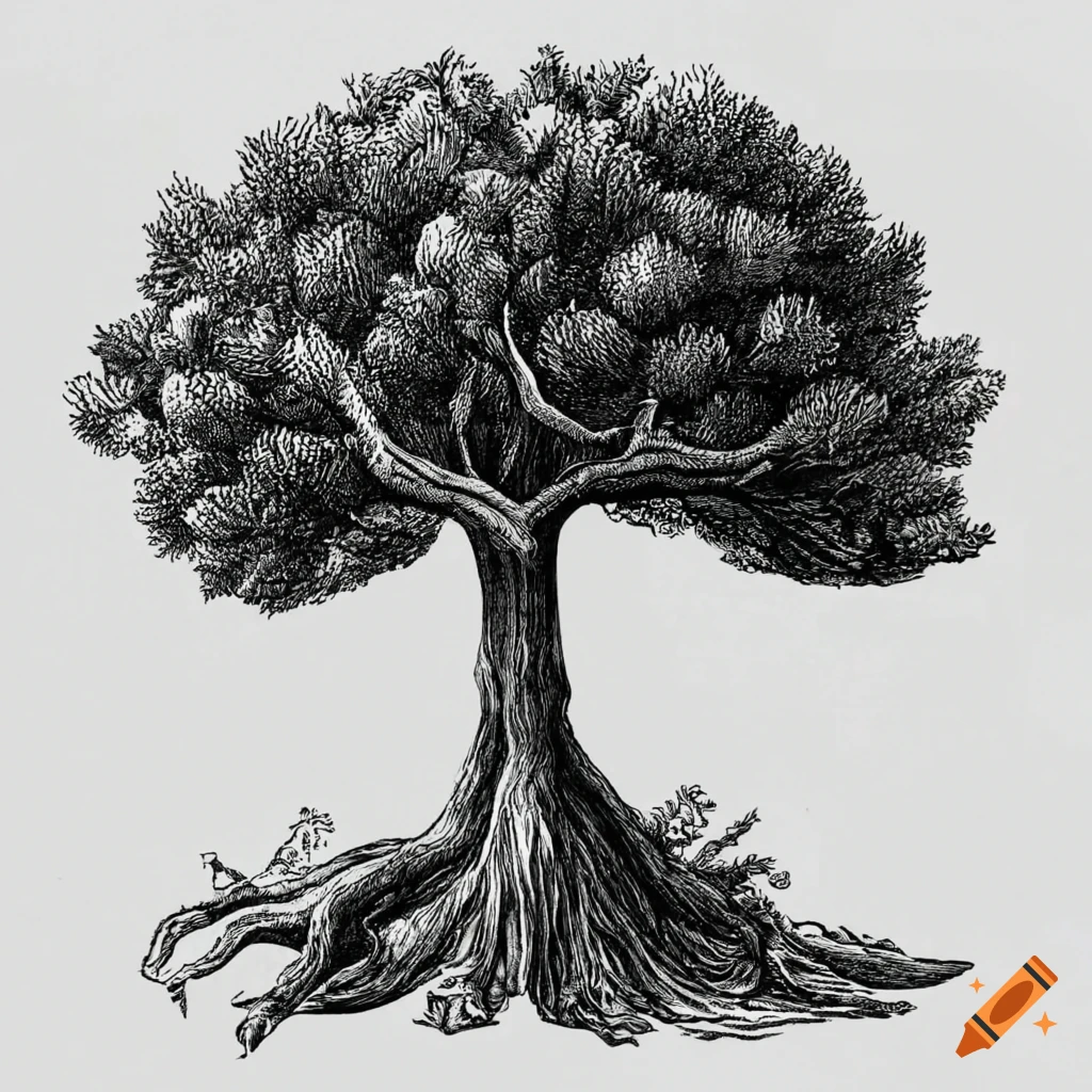 Ancient botanical ink drawings of trees in book print style on Craiyon