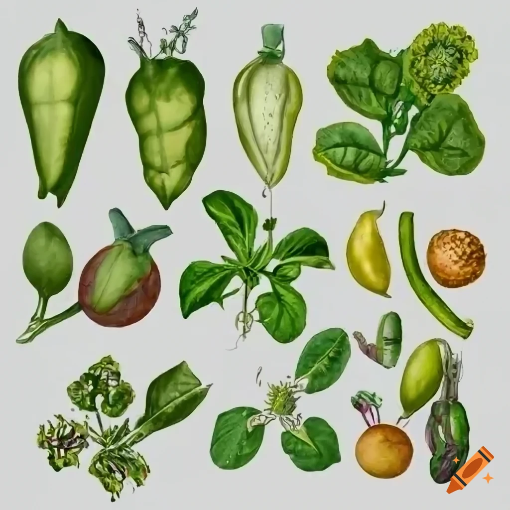 Medieval-style botanical drawings of vegetables with herb names on ...