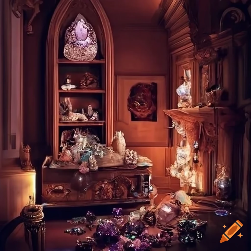 Enchanting room with sparkling crystals and magical artifacts on Craiyon