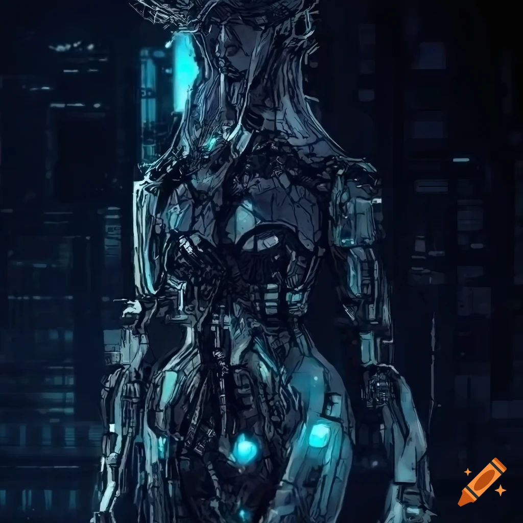 Cyborg female under a full moon in a futuristic megastructure, black ...