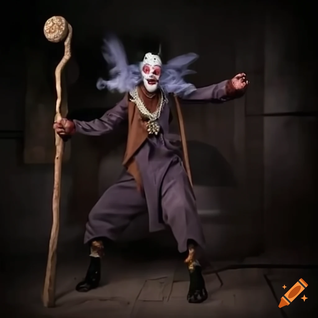 Mythical clown-wizard with a long staff in a mysterious setting on Craiyon