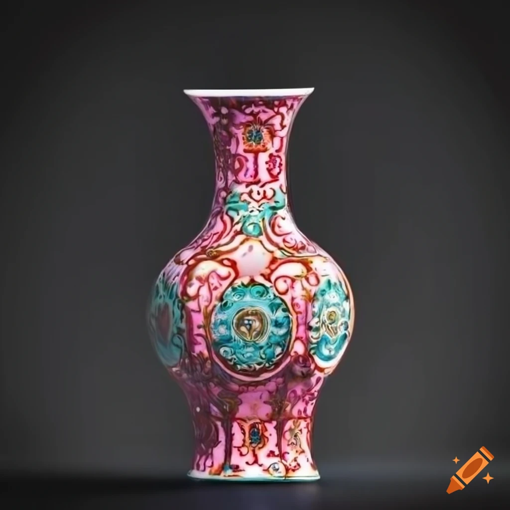Intricately decorated Chinese vase reflecting vibrant patterns on Craiyon