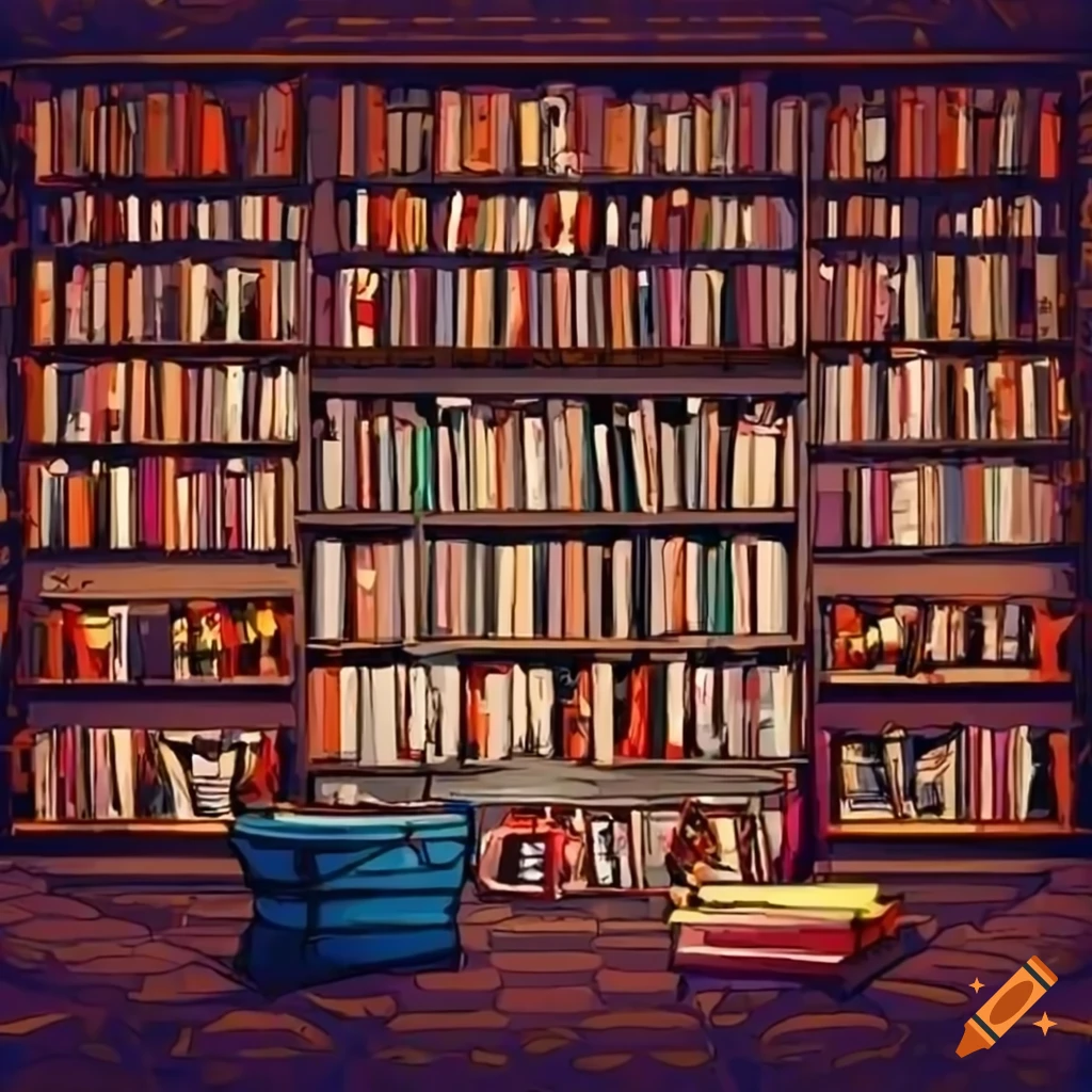 Room with comic-filled bookshelves in a comic style on Craiyon