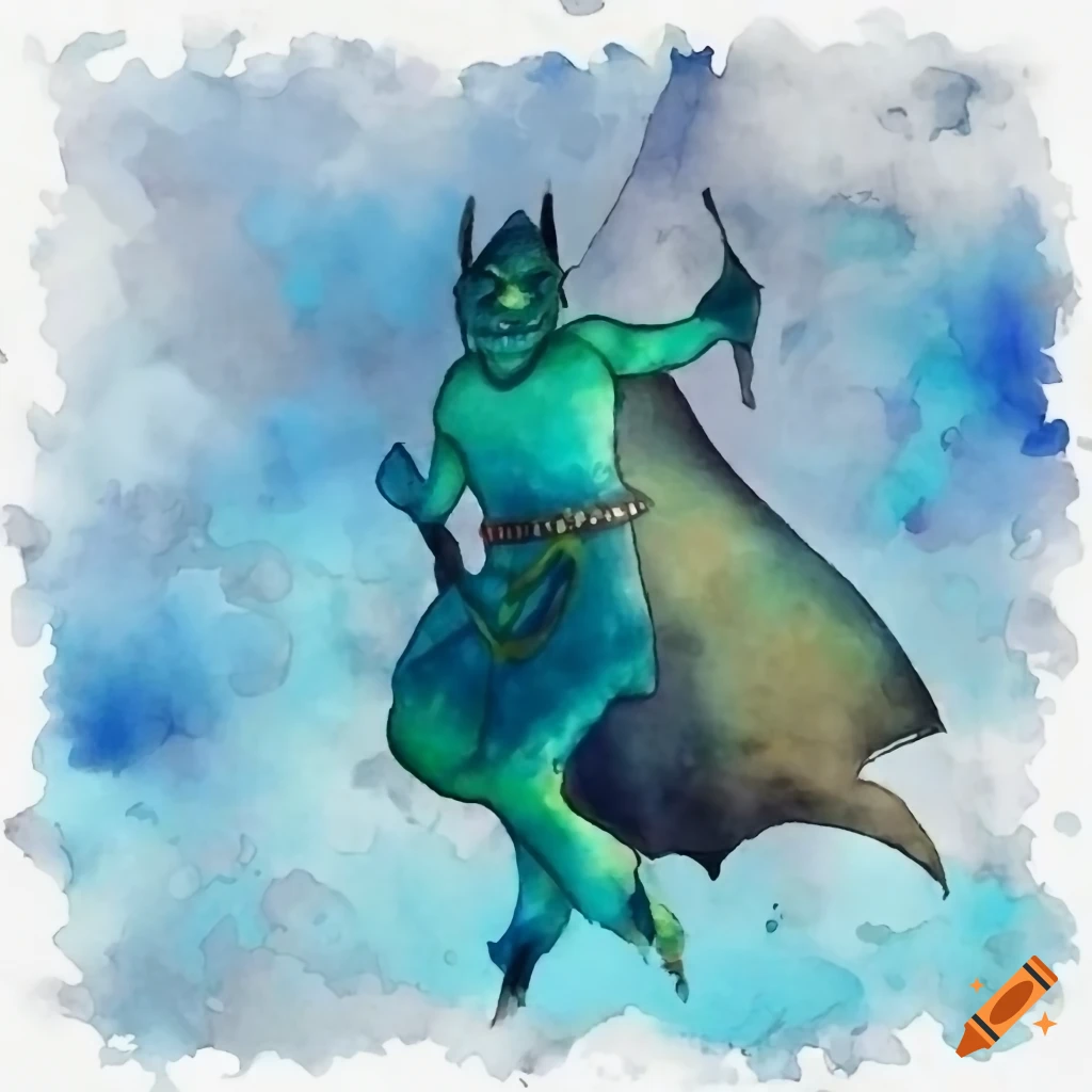Blue-green goblin in colorful wizard robe riding a manta ray with ...