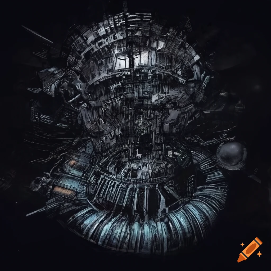 Megastructure under a full moon in tsutomu nihei and mucha style on Craiyon