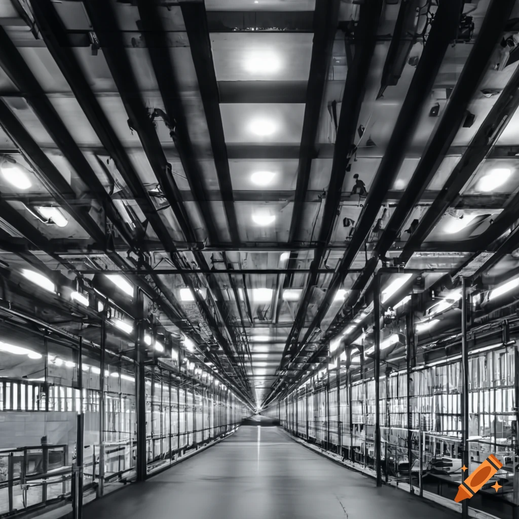 Interior of a factory with led lights on the ceiling on Craiyon