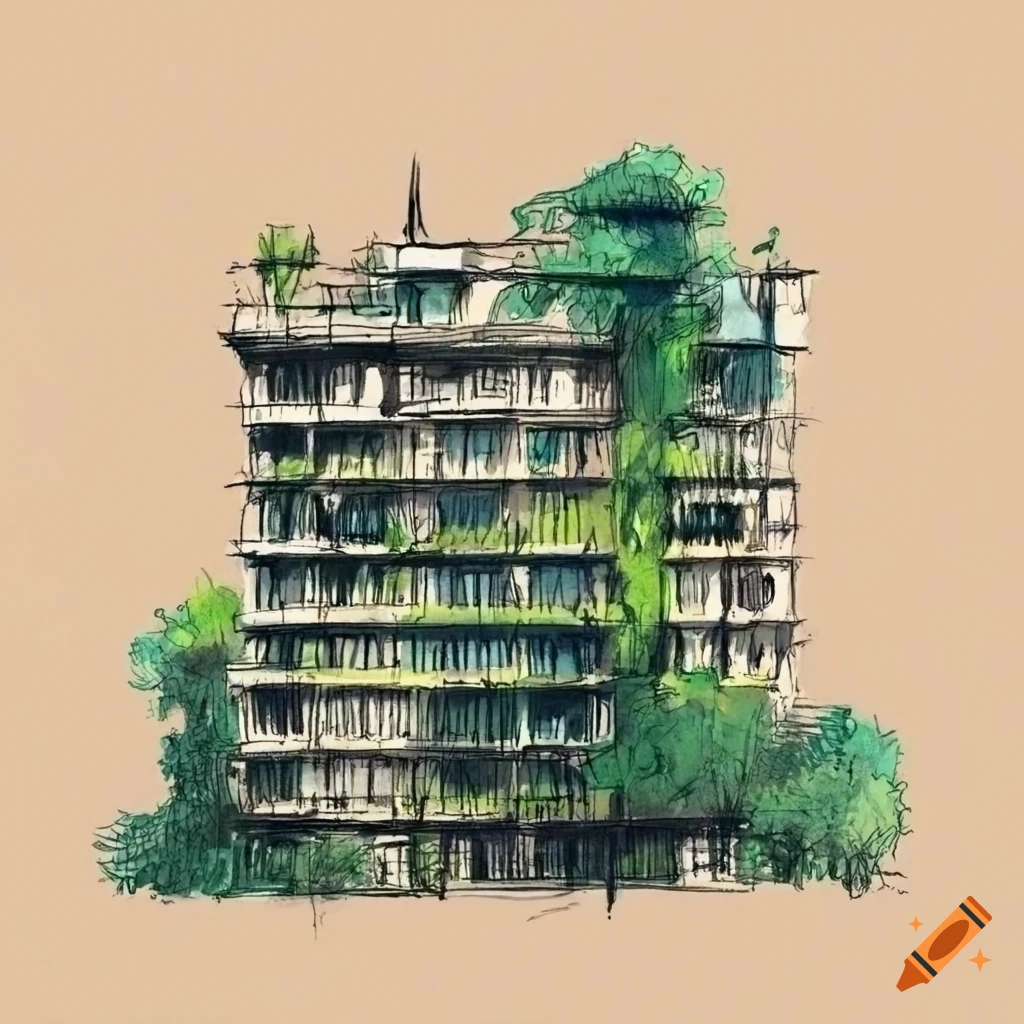 Architectural sketch of building facade with vegetation on Craiyon