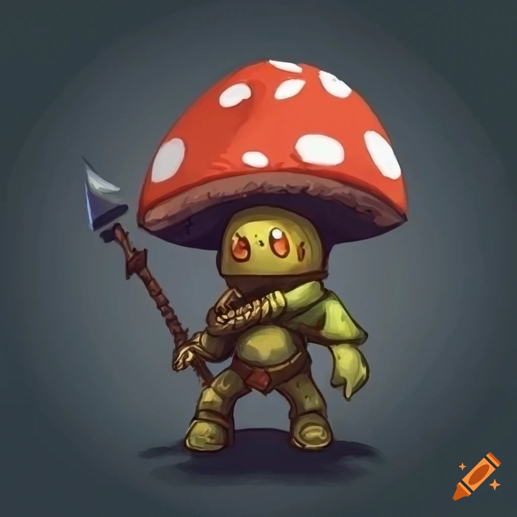 Cute mushroom soldier with spear in Warhammer art style on Craiyon