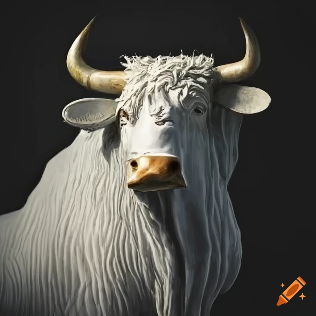 Statuesque Friesian bull with a lush grassy mane on Craiyon