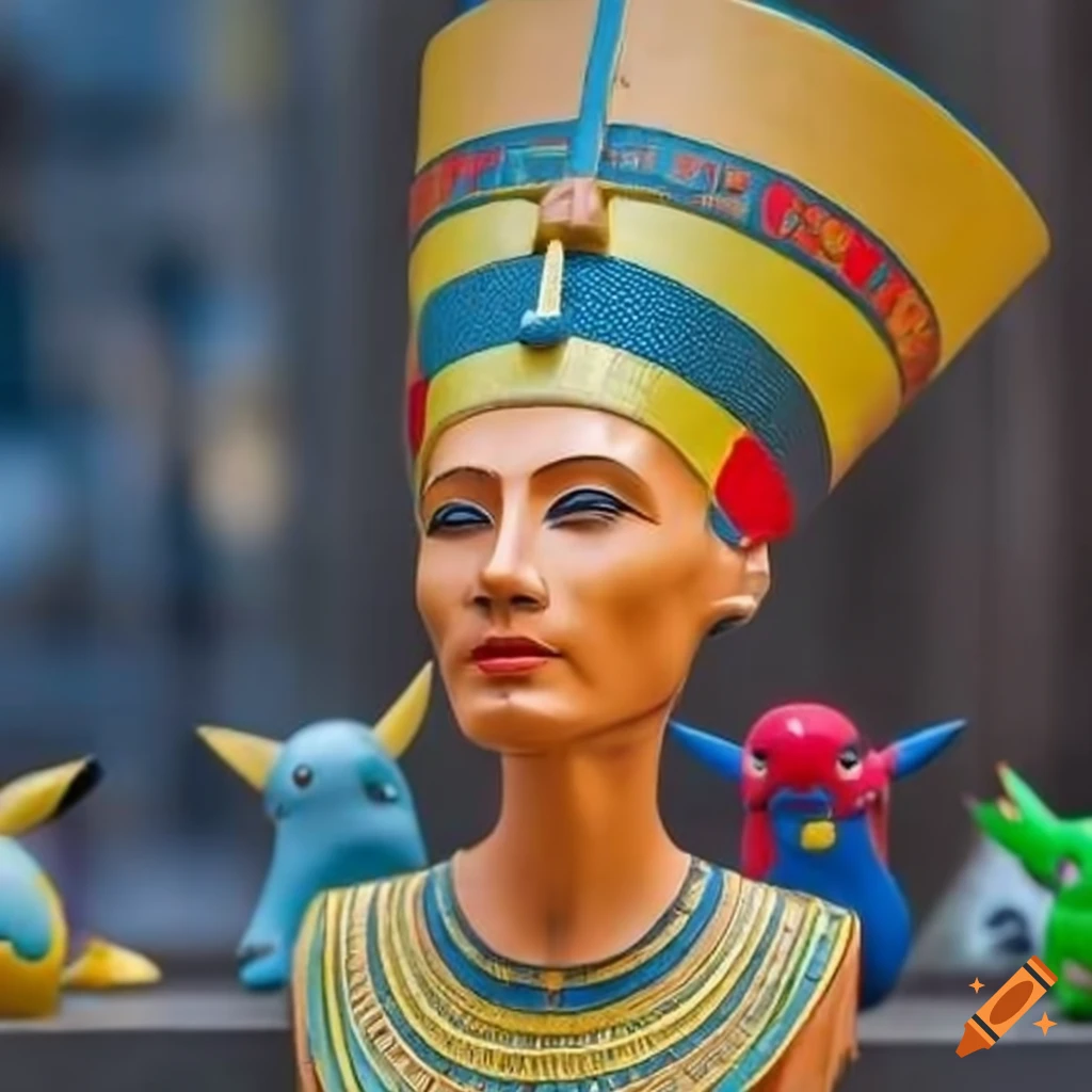 Ancient Egyptian statue of Nefertiti with colorful Pokemon figurines on ...