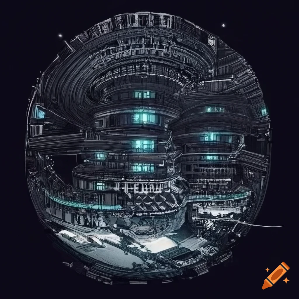 Deep Ocean Megastructure Under A Full Moon In Futuristic Biopunk Style
