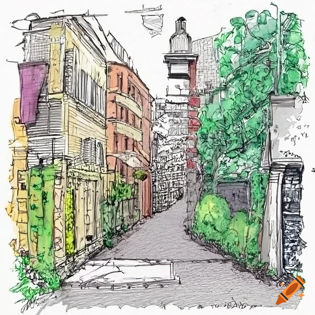 Pencil sketch of urban architectural space with vegetation on Craiyon